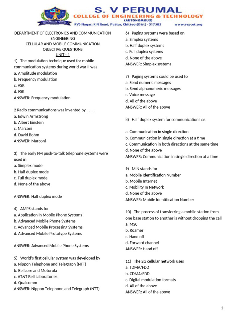 CMC OBJECTIVE QUESTIONS | PDF | Cellular Network | Electronics