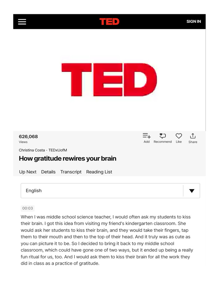 Christina Costa - How Gratitude Rewires Your Brain (-V-) TED Talk | PDF ...