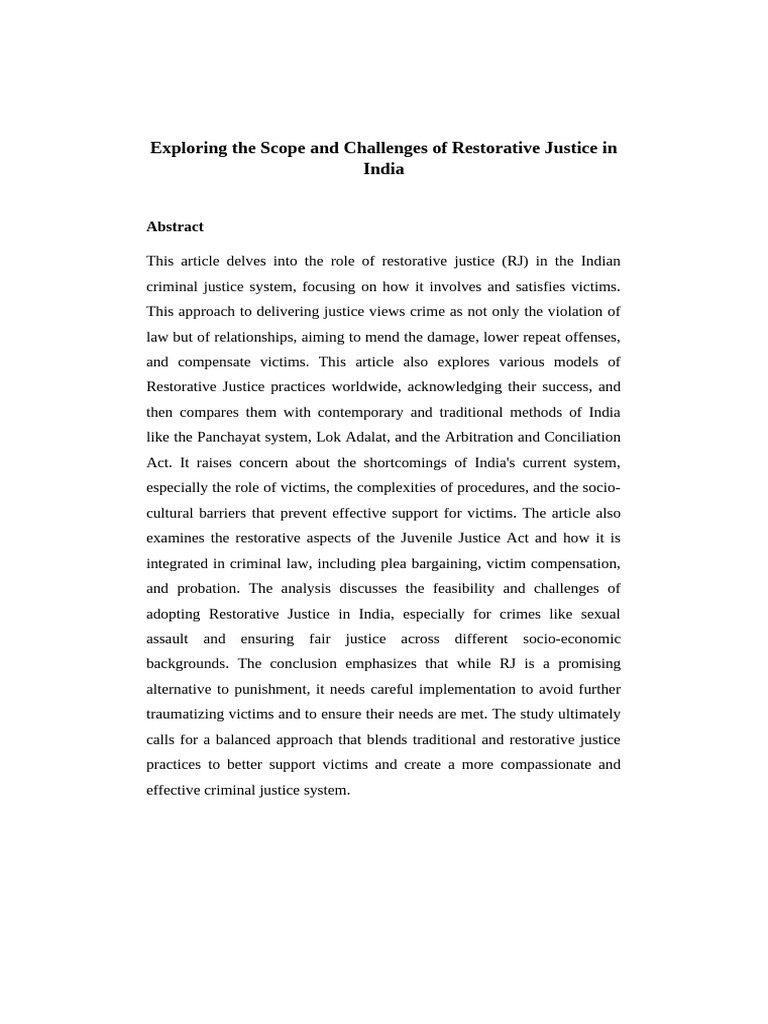Restorative Justice in India Exploring Scope and Challenges | PDF | Restorative Justice | Plea ...