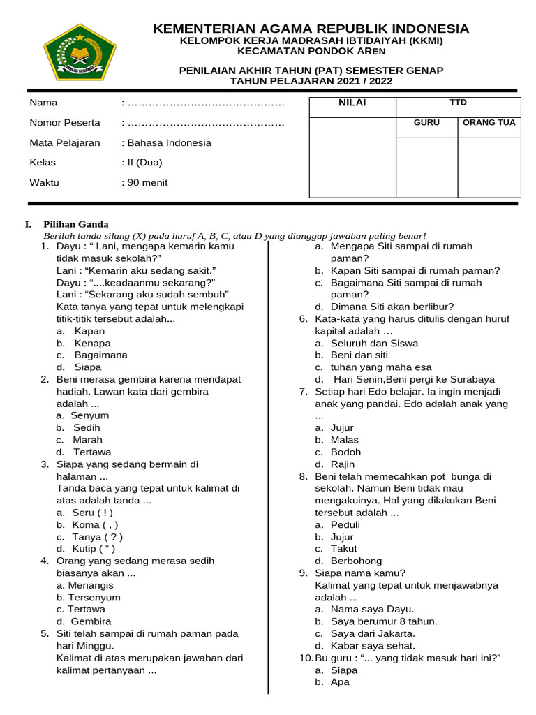 Format Soal Kelas 1 - 2 (2) Ibu Eka | PDF