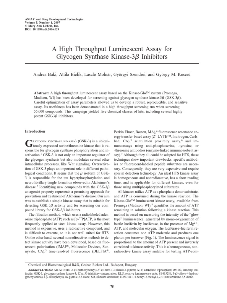 A High Throughput Luminescent Assay For Glycogen Synthase Kinase-3 ...
