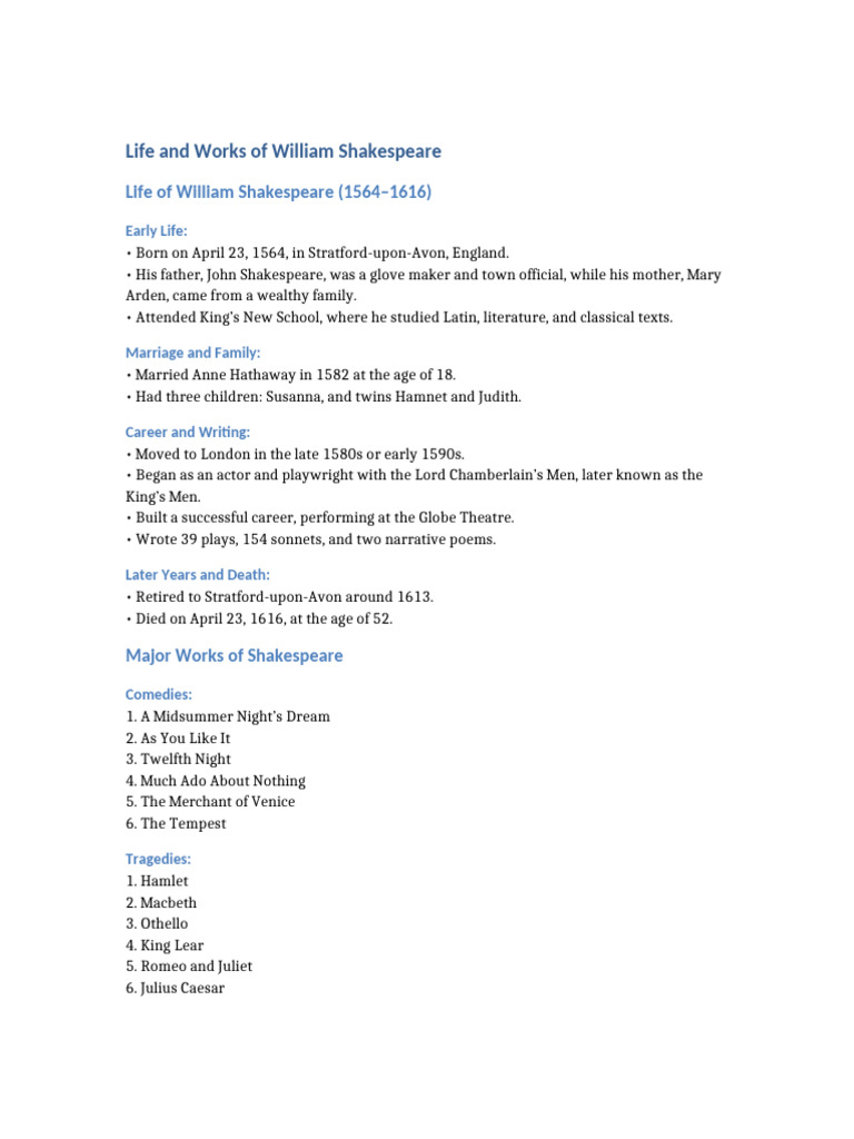 Life and Works of Shakespeare | PDF