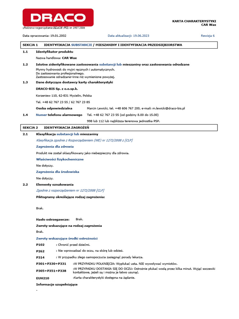 CAR Wax Karta Charakterystyki 2023 | PDF