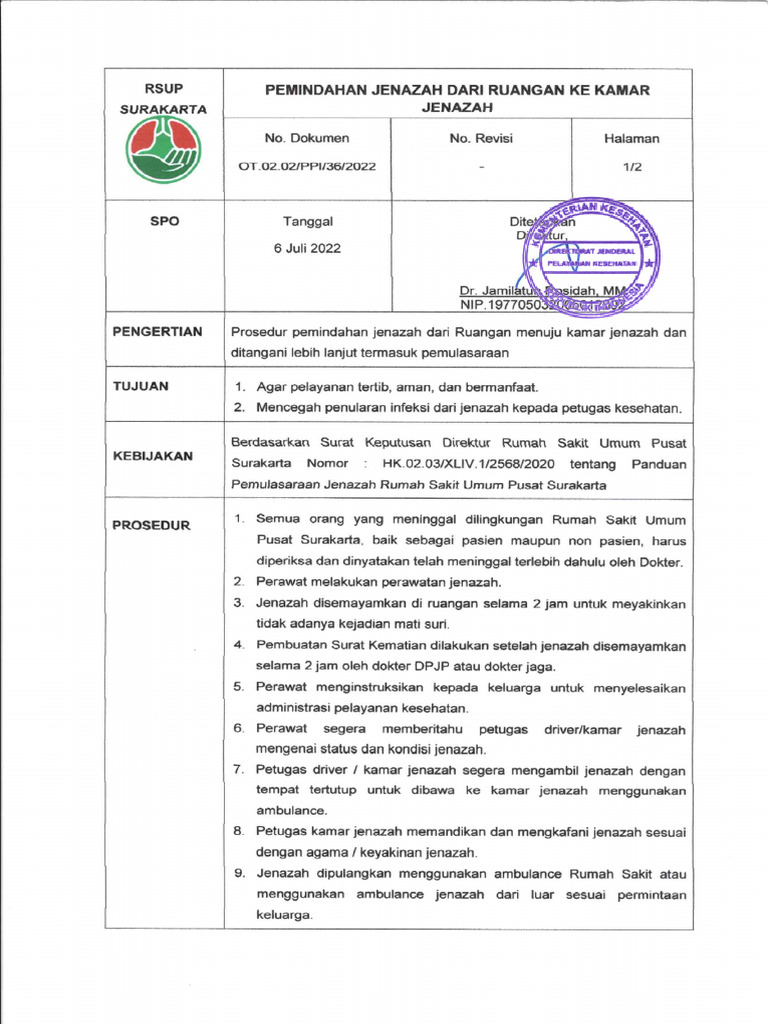 Spo Pemindahan Jenazah Dari Ruangan Ke Kamar Jenazah | PDF