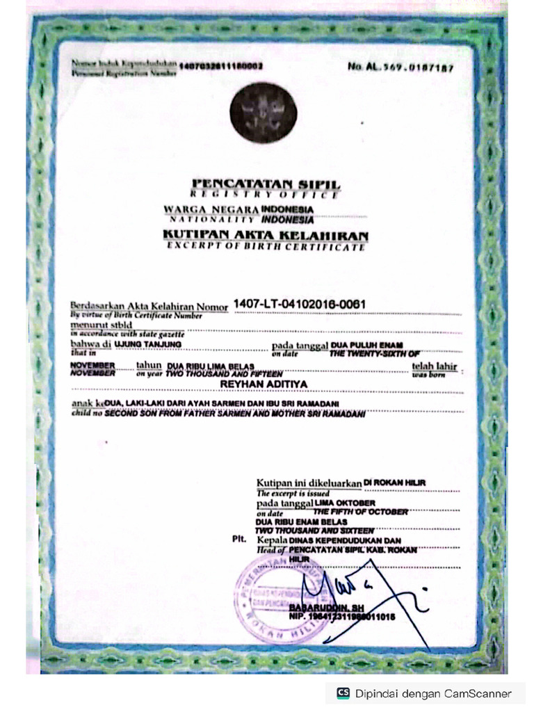 Akta Kelahiran Reyhan | PDF