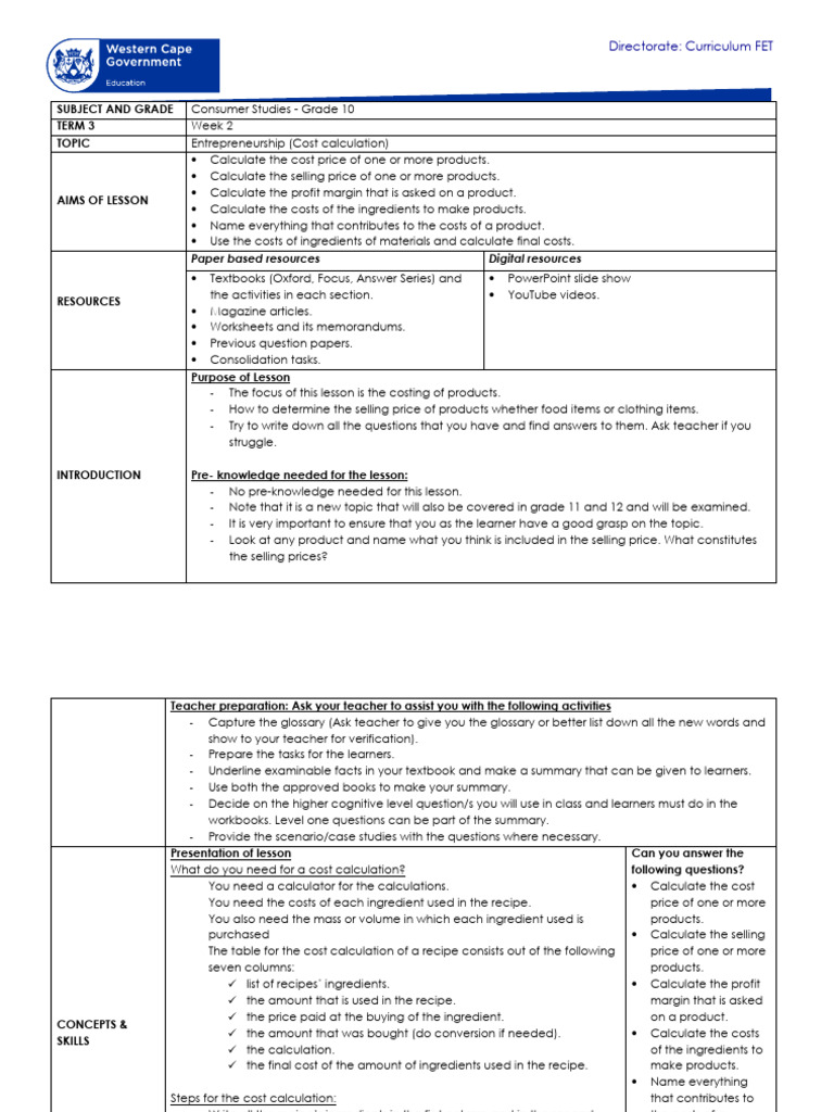 Grade 10 Consumer Studies: Costing Basics | PDF | Prices | Textbook
