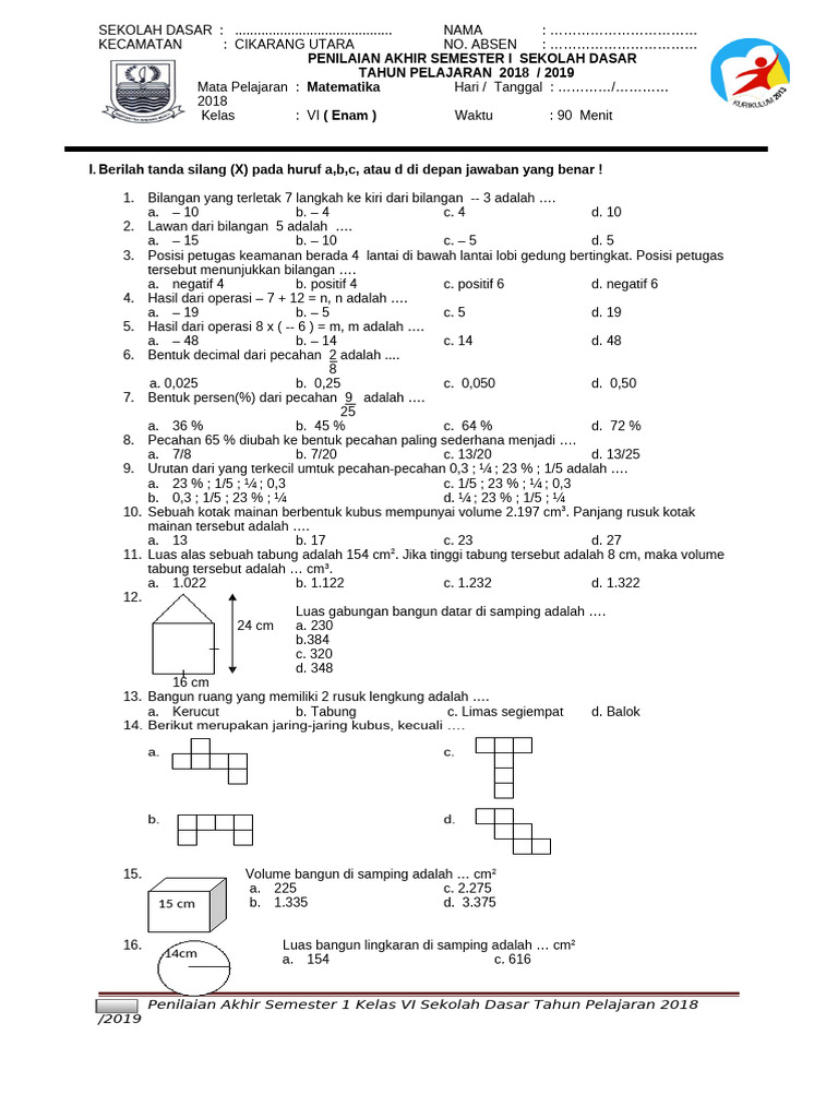 Soal Pas MTK SMT 1 KLS 6 2018 | PDF
