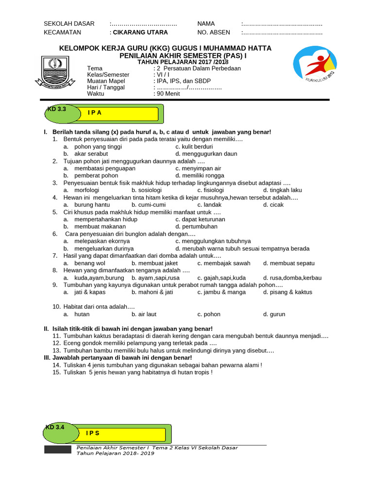 SOAL TEMA 2 IPA, IPS & SBDP | PDF
