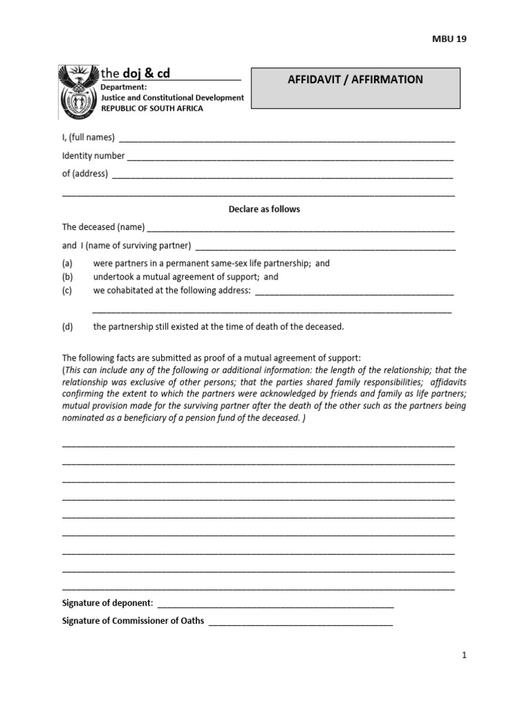 ANNEXURE A - MBU 19 - Affidavit of Same-Sex Life Partnership | PDF | Affidavit | Justice