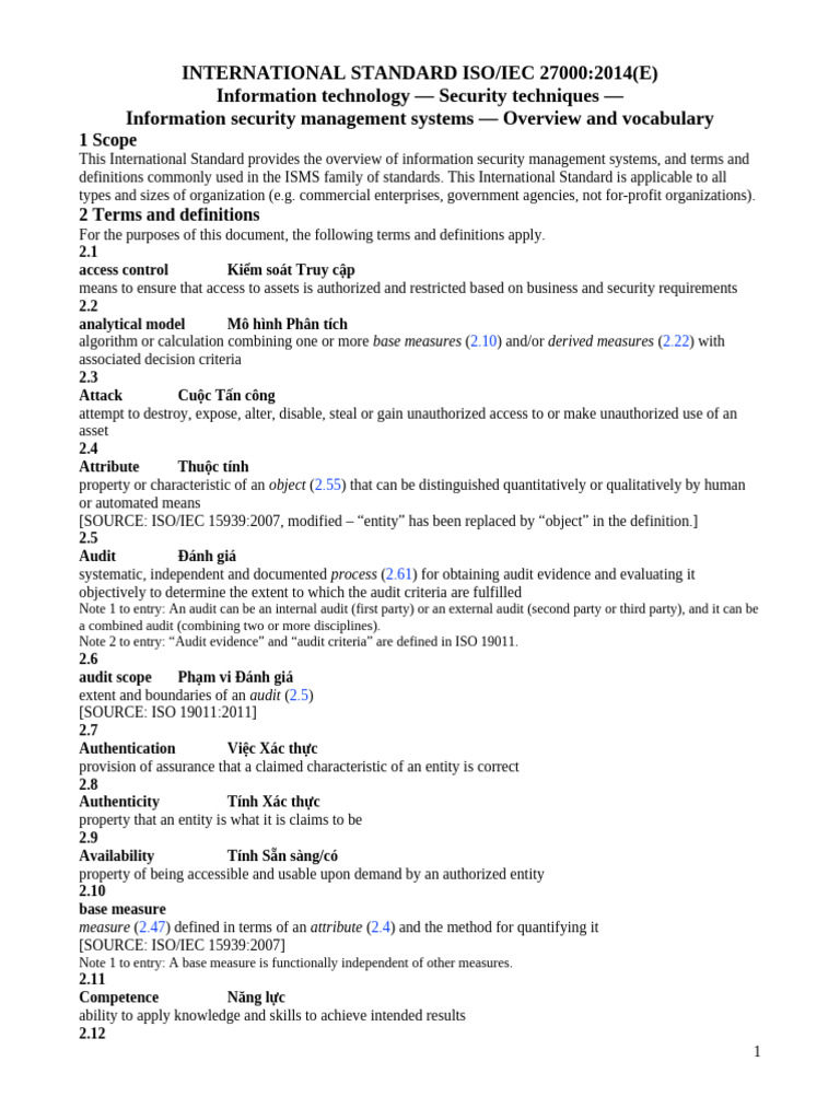 Iso Iec 27000 2014 ThuatNgu Anh Viet | PDF | Risk | Information Security