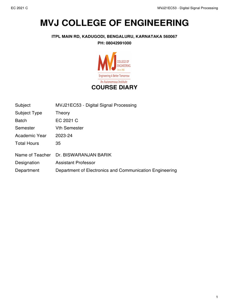 Digital Signal Processing Course Diary | PDF | Telecommunications Engineering | Signal Processing