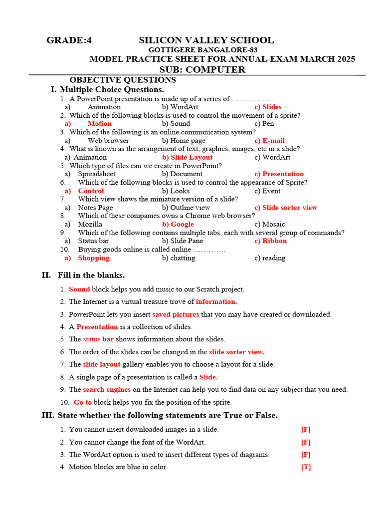 Grade 4 Computer Annual Model Practice Sheet | PDF | Microsoft Power Point | Internet