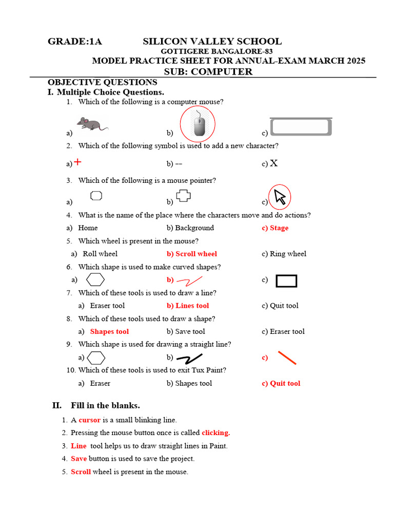 Grade 1a Computer Annual Model Practice Sheet | PDF | Button (Computing ...