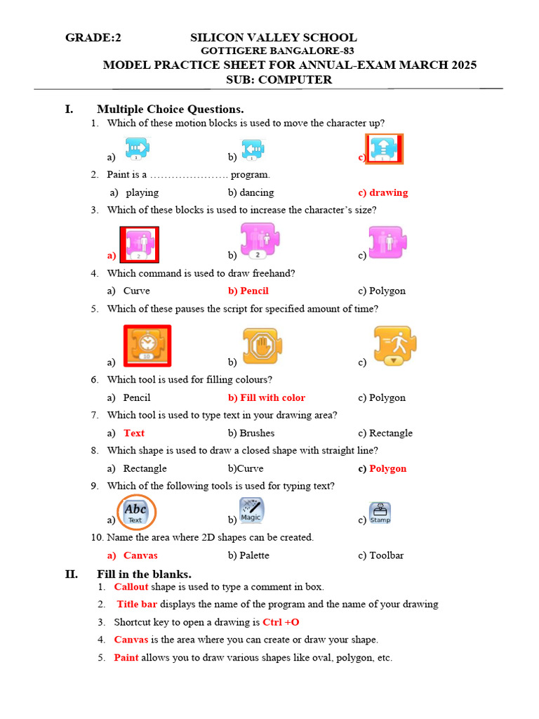 Grade 2 Computer Annual Model Practice Sheet | PDF | Drawing | Area