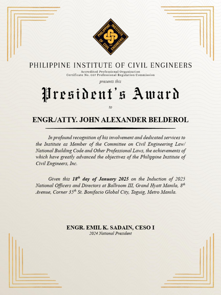 Recognition for Civil Engineering Law Contributions | PDF