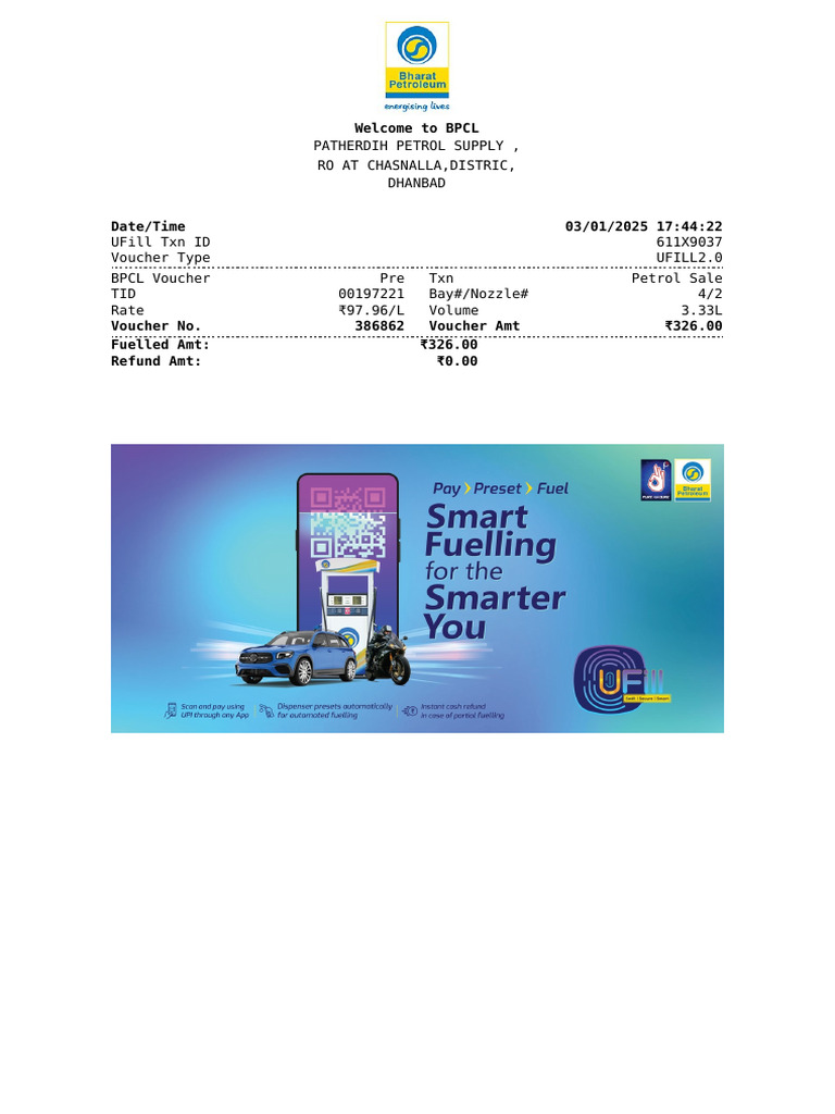 BPCL Fuel Purchase Receipt | PDF