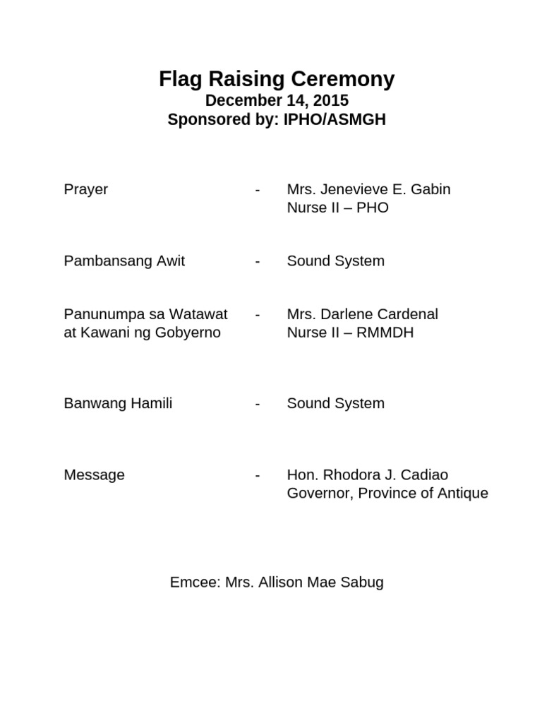 Flag Raising Ceremony Agenda 2015 | PDF