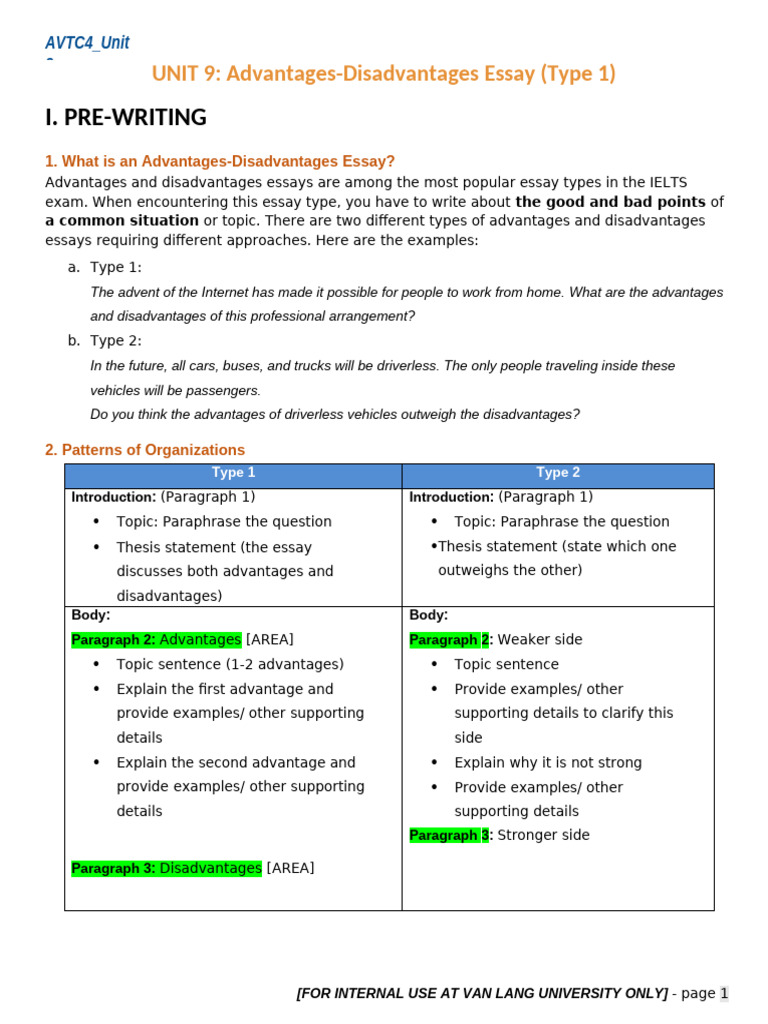 AVTC4 - LESSON 11 - WRITING - Unit 9 advantages essay GUI SV | PDF ...