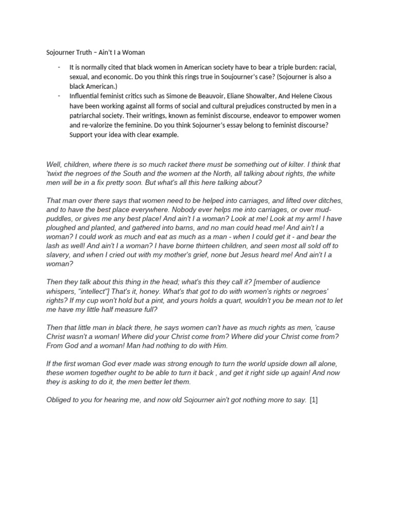 Sojourner Truth - Ain't I A Woman | PDF | Feminism | Gender Studies