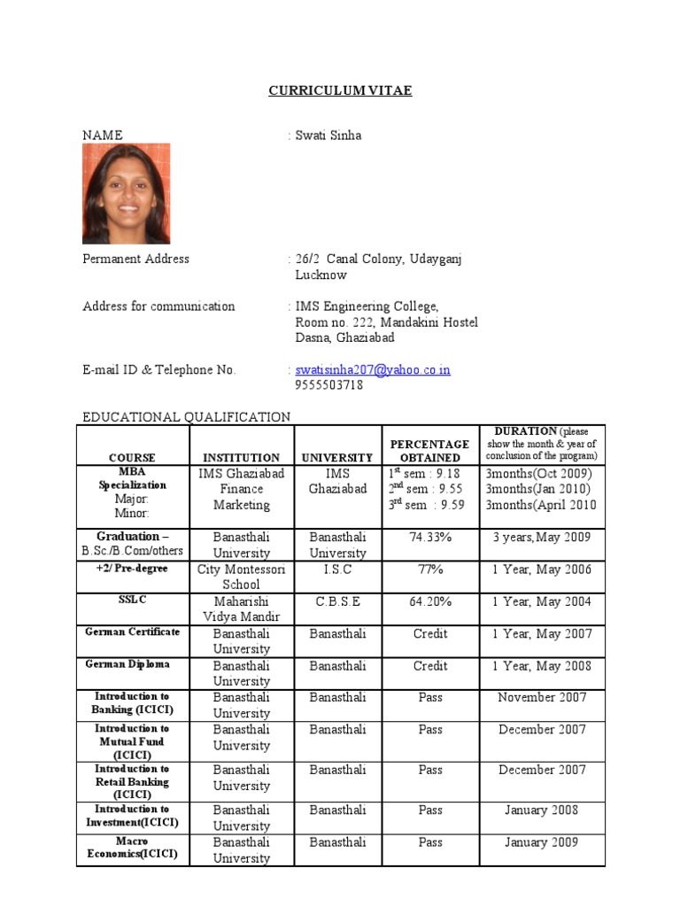 C.V Swati Sinha (SIB) | PDF | Further Education | Business