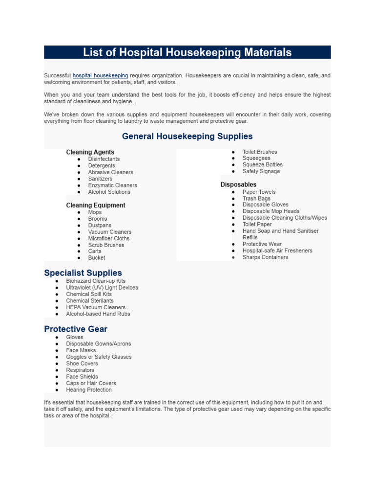 List of Hospital Housekeeping Materialsdocx_250219_125850 | PDF ...