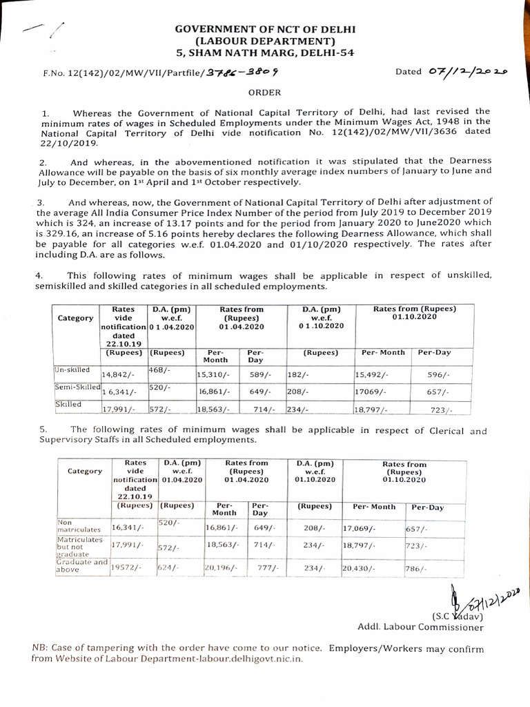 Delhi Minimum Wage Rates Update 2020 | PDF | Labor | Employment ...