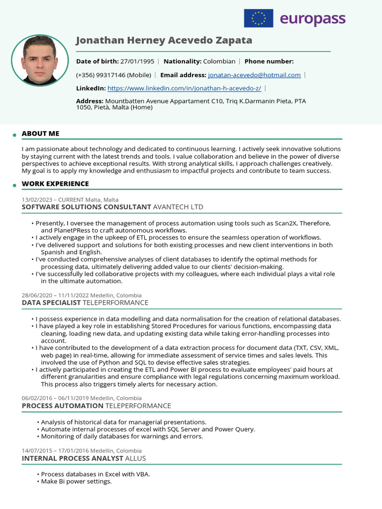 CV - Jonathan Acevedo Zapata | PDF | Databases | Microsoft Excel