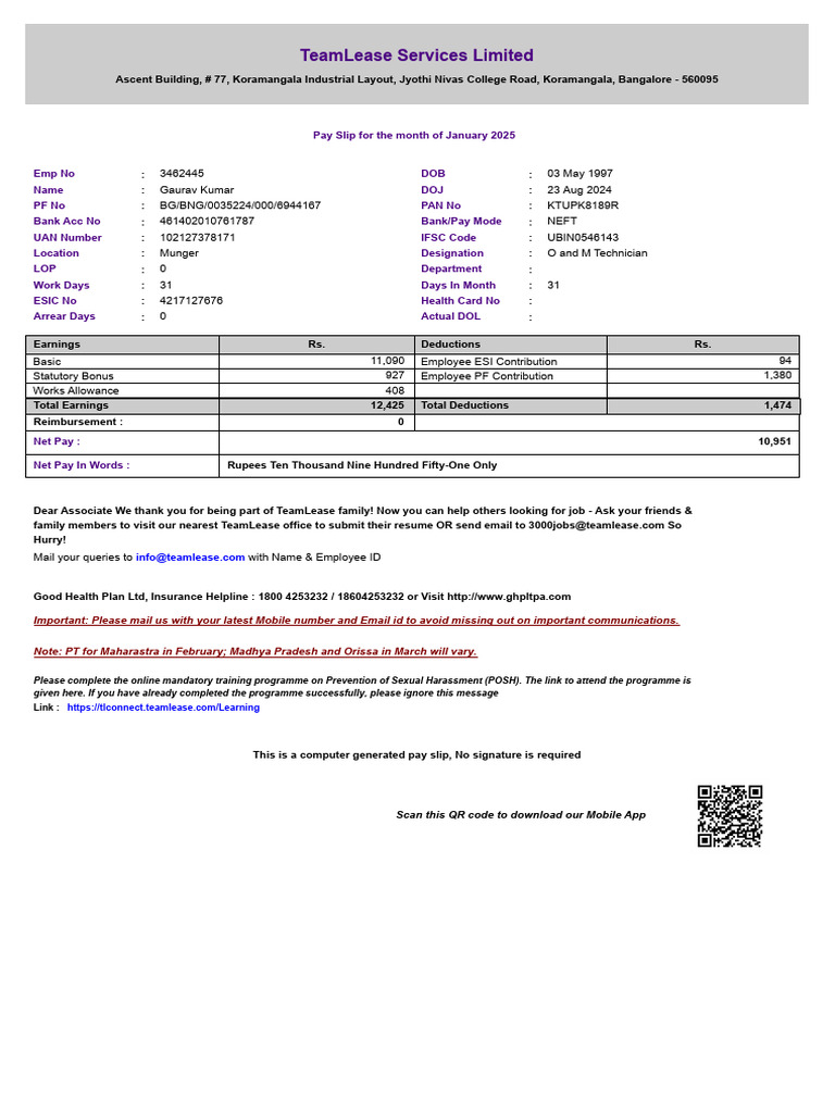 January 2025 Pay Slip - TeamLease Services | PDF