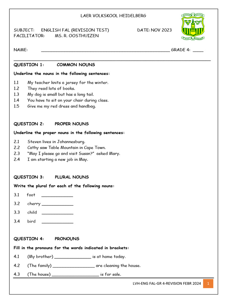 Grade 4 English FAL Revision Test | PDF | Noun | Adverb