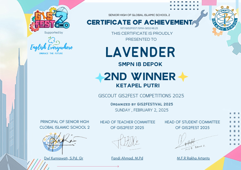 Sertifikat Ketapel Putri 2ND Winner - Lavender | PDF