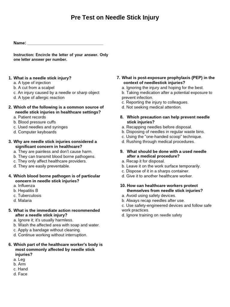 Needle Stick Injury Pre-Test Questions | PDF | Diseases And Disorders ...