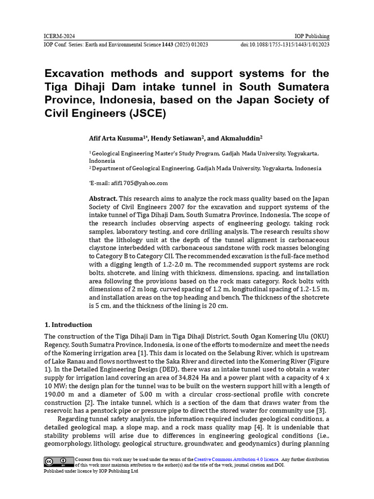 Excavation Methods and Support Systems For The Tiga Dihaji Dam Intake Tunnel in South Sumatera ...