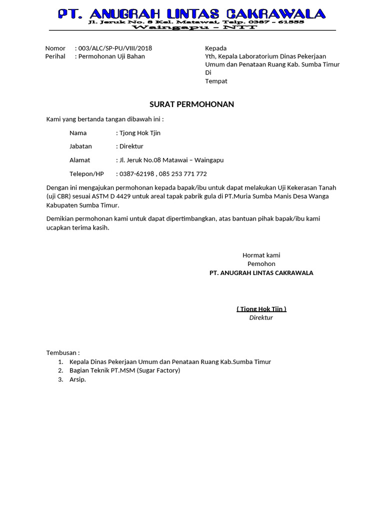 SURAT PERMOHONAN UJI LAB CBR ALC | PDF