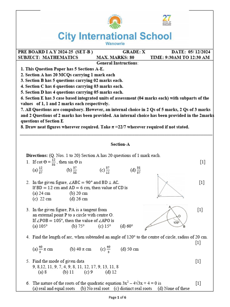 Pre Board 1 Mathamatics Set B Final | PDF | Circle | Area