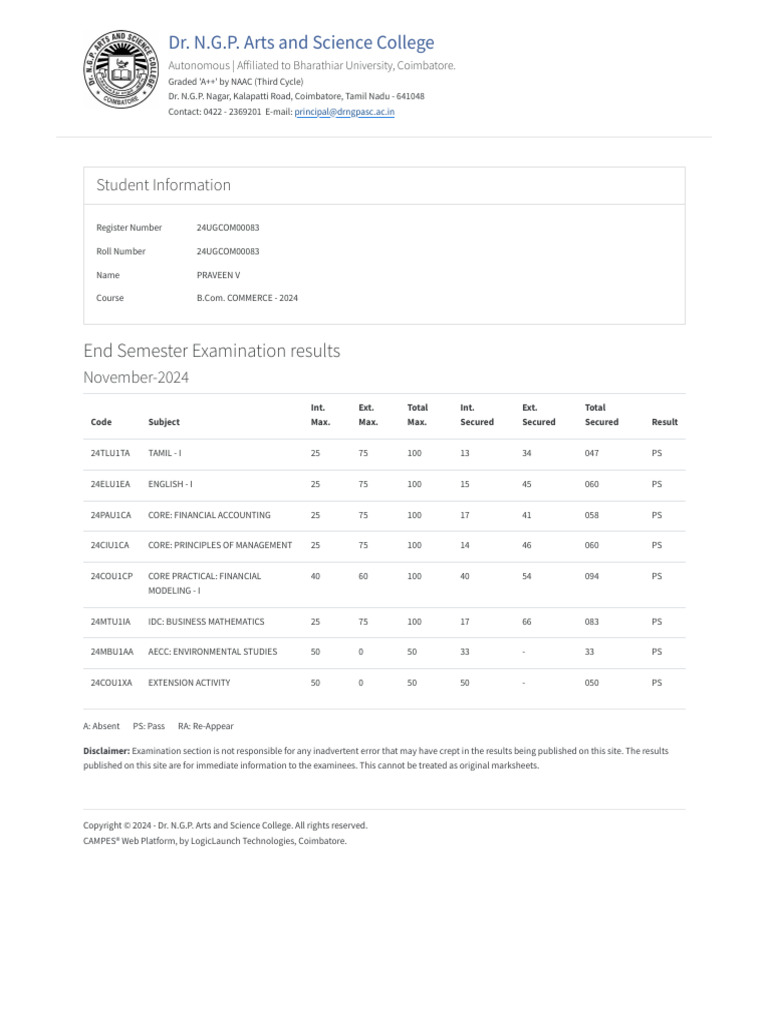 CAMPES - End Semester Examination Results | PDF