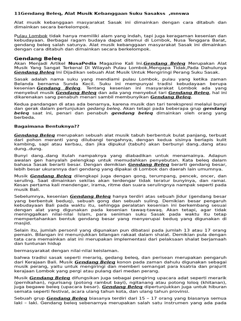 Sejarah dan Fungsi Gendang Beleq Lombok | PDF