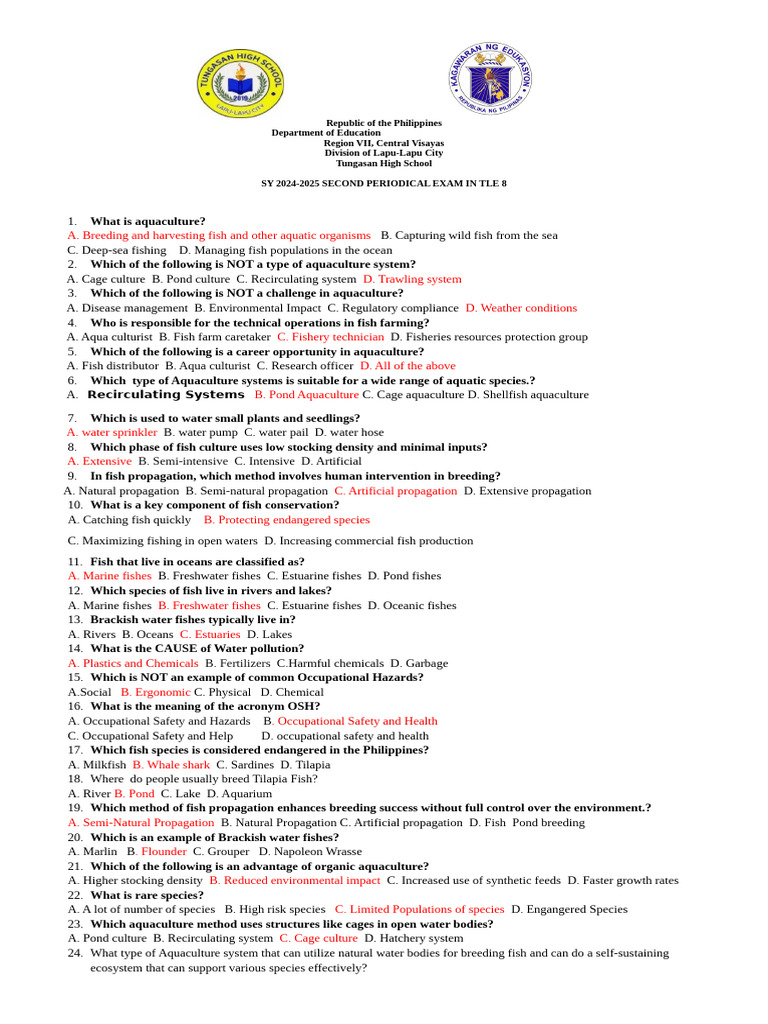 TLE 8 2nd Quarter Exam: Aquaculture Focus | PDF | Aquaculture | Fish