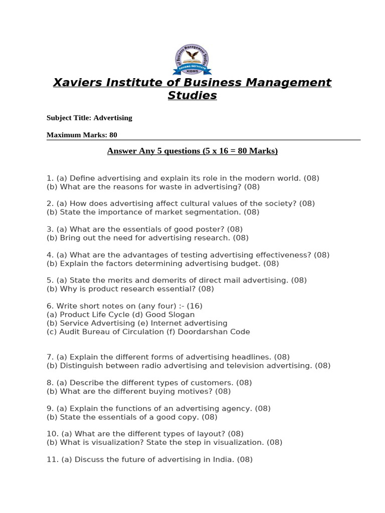 Advertising - 3 Question Paper 3345789 | PDF