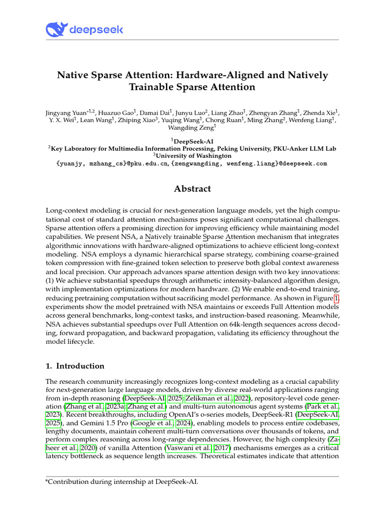 Native Sparse Attention: Hardware-Aligned and Natively Trainable Sparse Attention | PDF ...