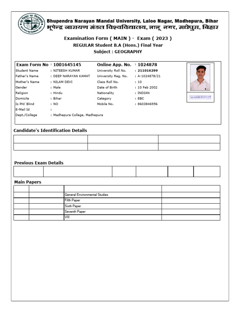 B.A (Hons.) Final Year Exam Form 2023 | PDF