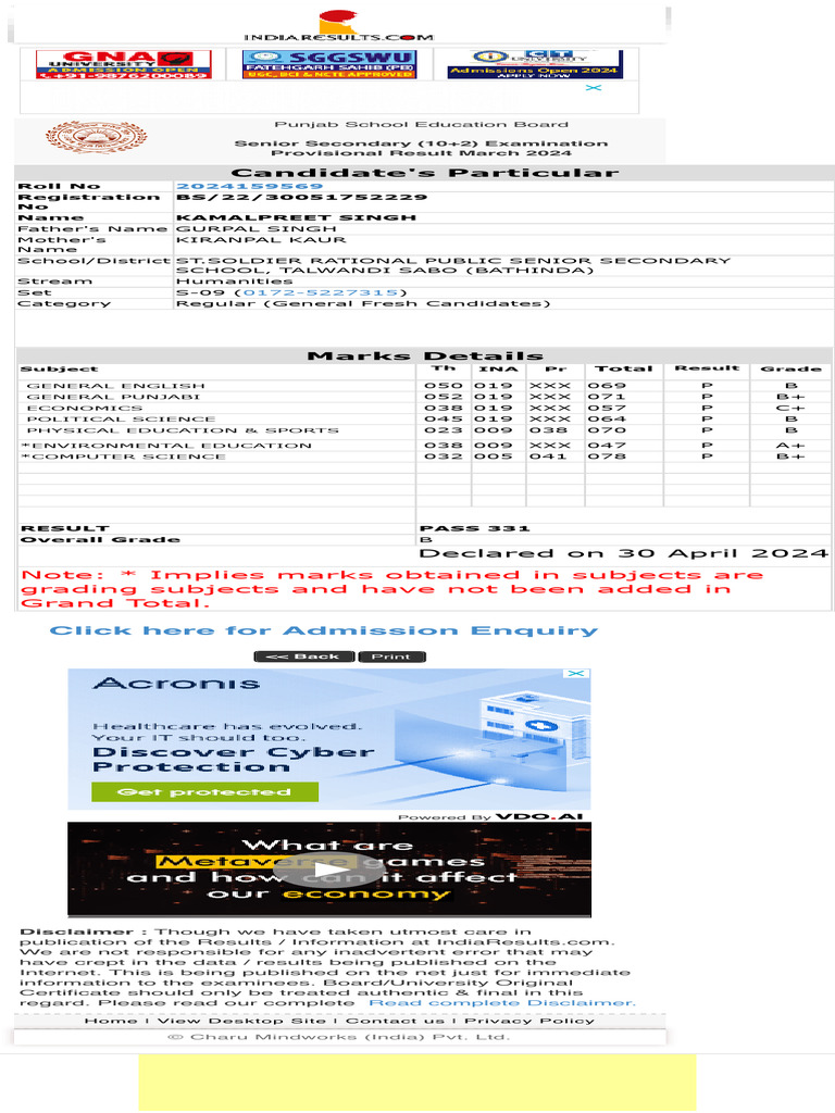 Senior Secondary (10+2) Examination Provisional Result March 2024 | PDF
