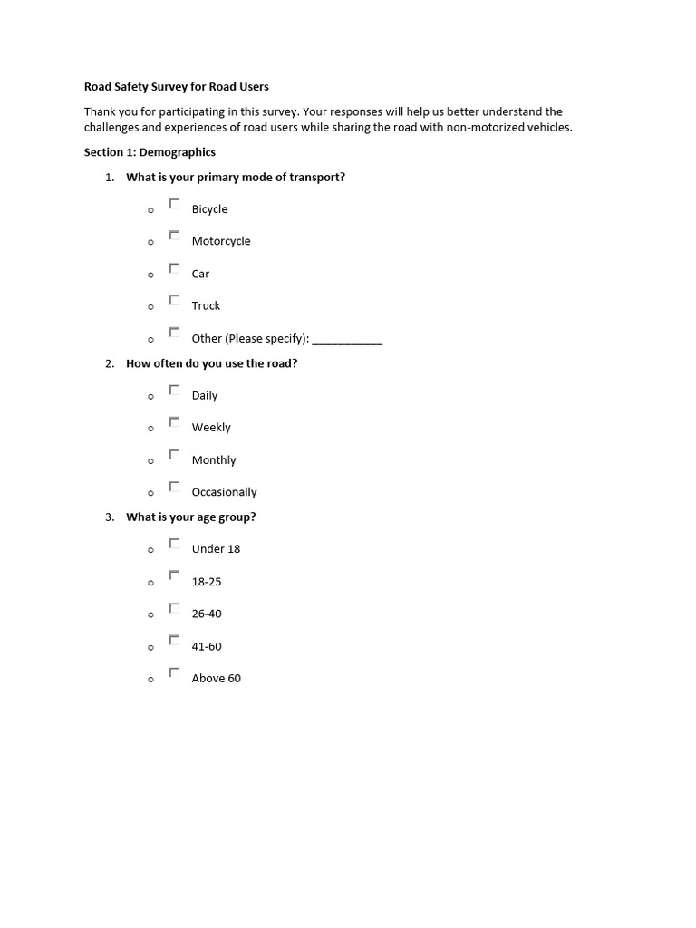 Road Safety Survey For Road Users Form | PDF | Road Traffic Safety | Road
