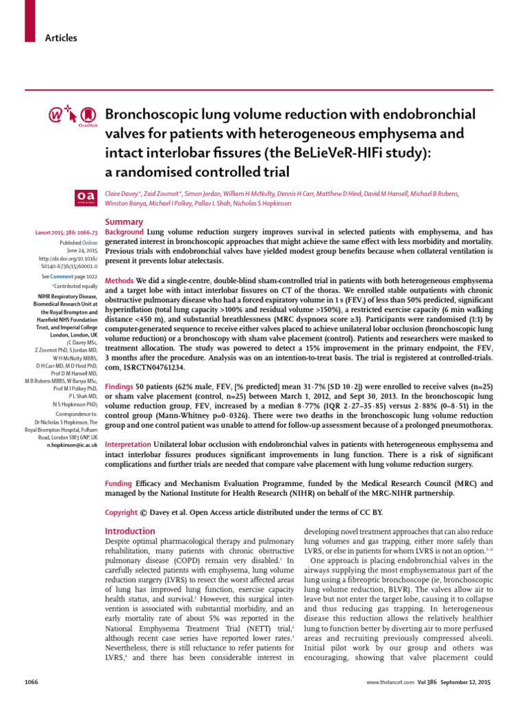 Bronchoscopic Lung Volume Reduction With Endobronc | PDF | Chronic ...