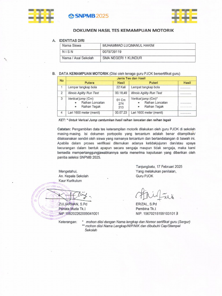Dokumentasi Hasil Tes Kemampuan Motorik_006531 | PDF