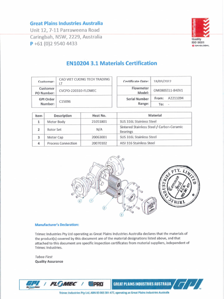3.1 Material Cert - Stamped | PDF