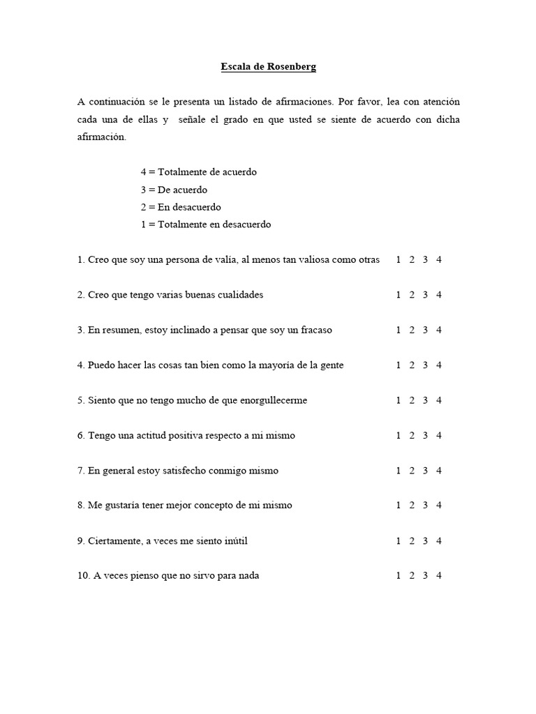 Escala de Autoestima de Rosenberg | PDF