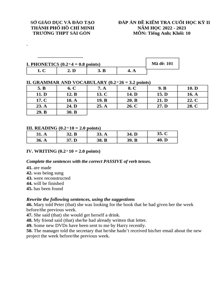 Đáp Án Ta10 - Thi Lại | PDF | Syntax | Languages
