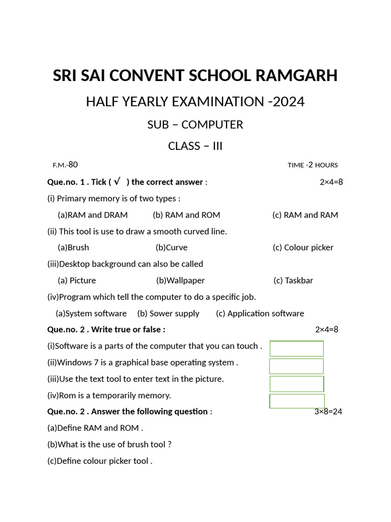 Class III Computer Exam 2024 | PDF