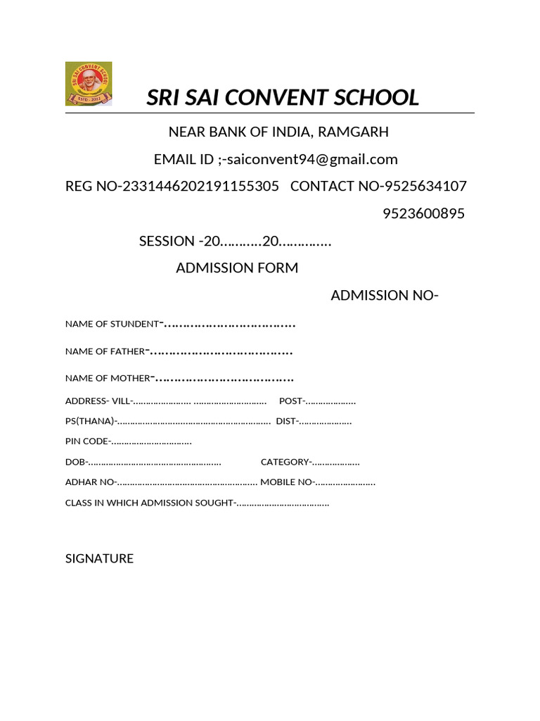 SRI SAI CONVENT SCHOOL Admission Form | PDF