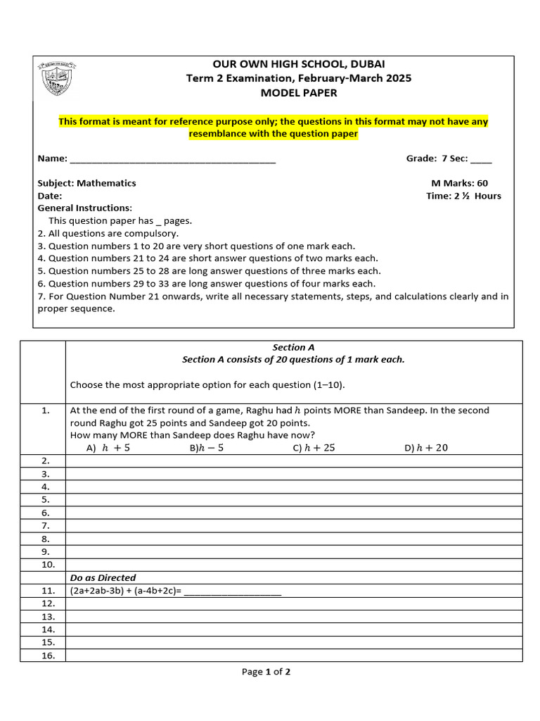 Model QP - Term2 Examination - Mathgrade 7 | PDF